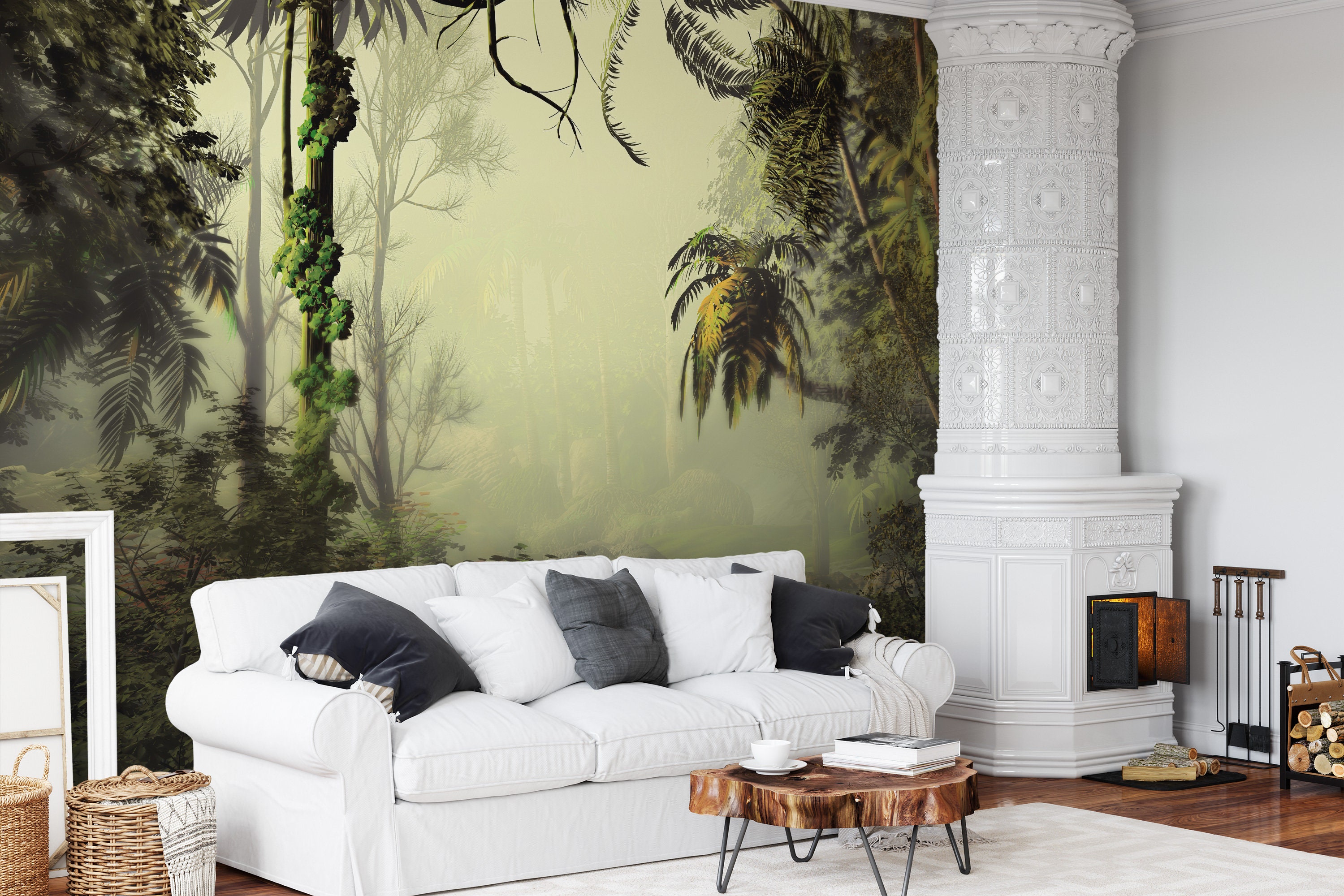 Misty Green Jungle Wallpaper Palm Trees and Forest Peel and - Etsy