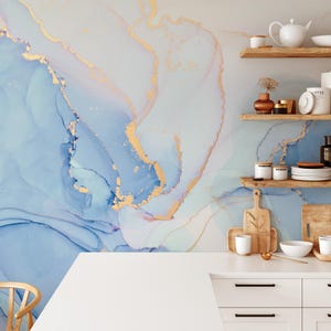 Baby Blue Ink Art Wallpaper, Blue and Gold Wall Mural, Peel and Stick ...