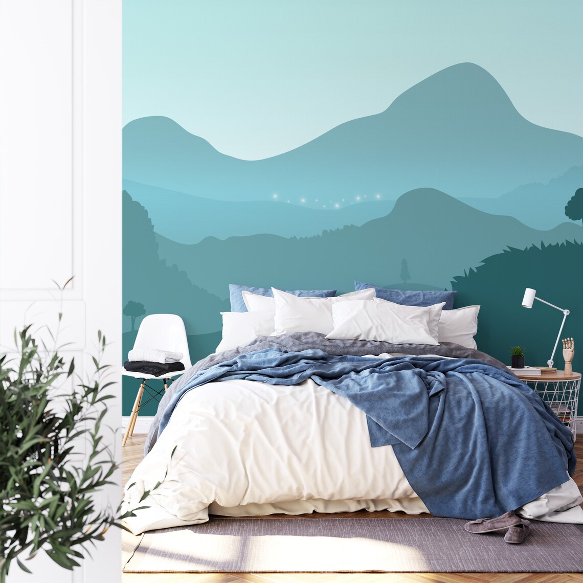 Teal Shades Colored Abstract Mountains Illustration Wallpaper - Etsy