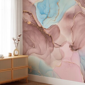 Rose Gold and Blue Ink Art Wallpaper, Peel and Stick Removable ...