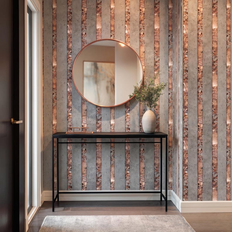 Rose Gold Concrete Wallpaper Peel and Stick, Industrial Striped Wall ...