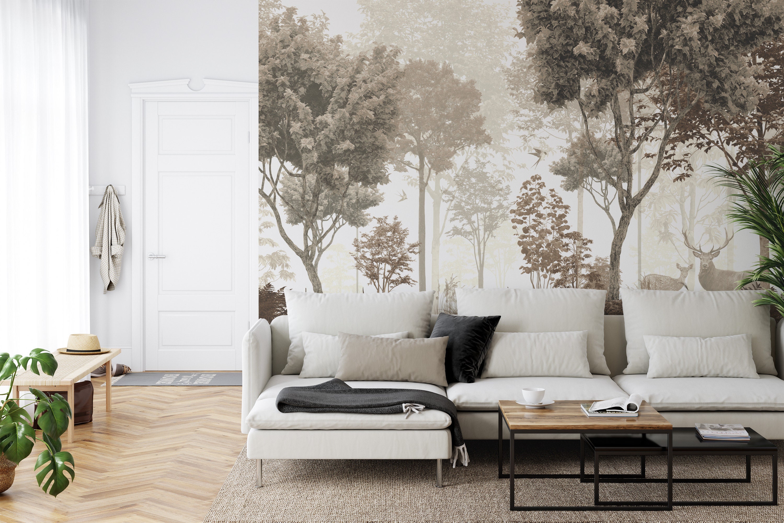 Vintage Style Forest Wallpaper Trees With Deers Peel and - Etsy