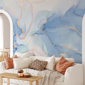 Baby Blue Ink Art Wallpaper, Blue and Gold Wall Mural, Peel and Stick ...