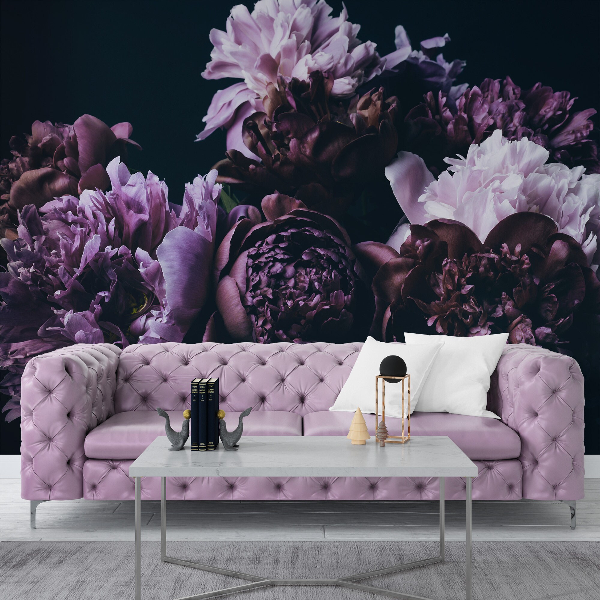 Large Violet Peonies on Black Background Wallpaper Pink - Etsy