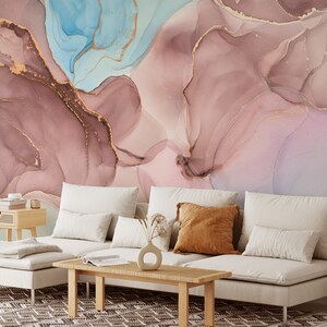 Rose Gold and Blue Ink Art Wallpaper, Peel and Stick Removable ...