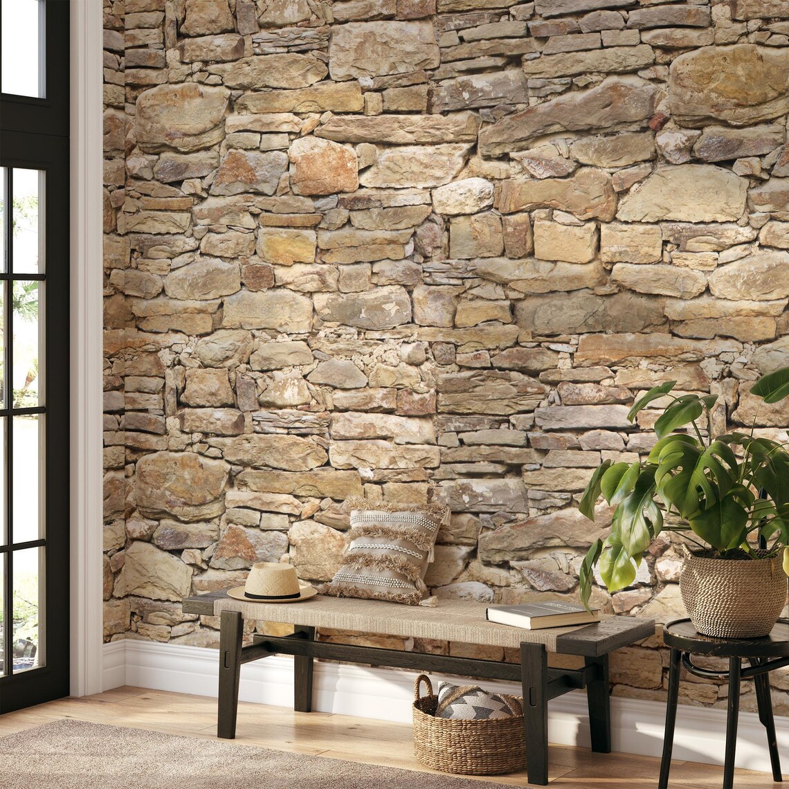 Rustic Stone Wall Wallpaper, Beige Rock Texture, Peel and Stick - Etsy