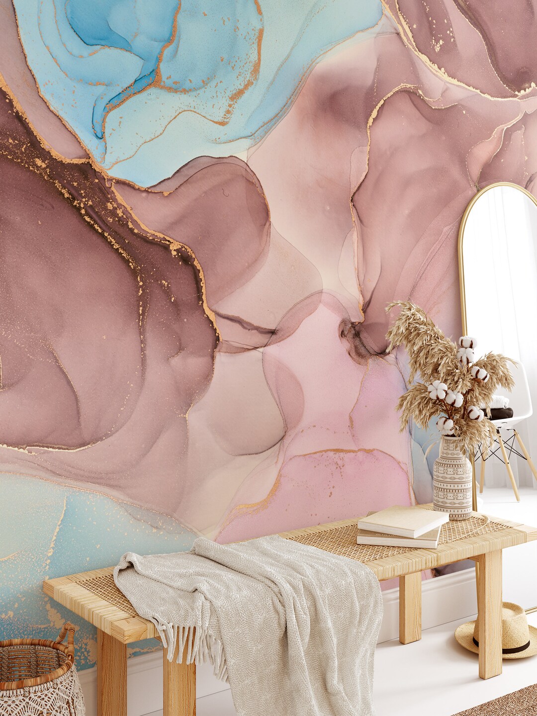 Rose Gold and Blue Ink Art Wallpaper, Peel and Stick Removable ...