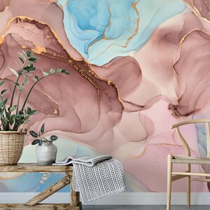 Rose Gold and Blue Ink Art Wallpaper, Peel and Stick Removable ...