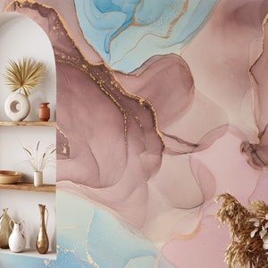 Rose Gold and Blue Ink Art Wallpaper, Peel and Stick Removable ...