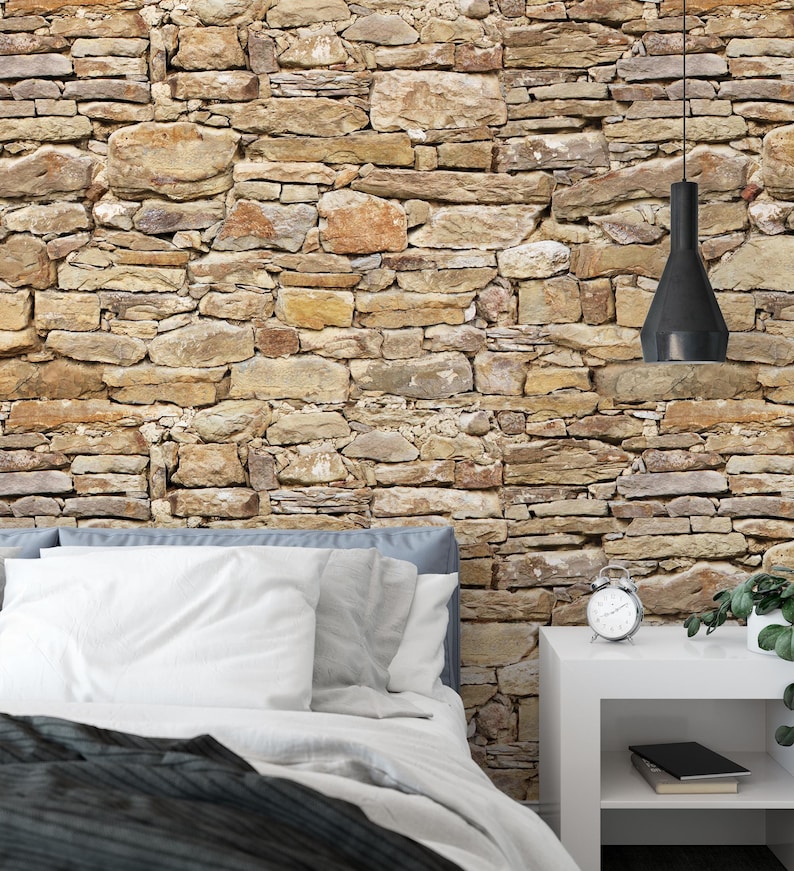 Rustic Stone Wall Wallpaper, Beige Rock Texture, Peel and Stick - Etsy