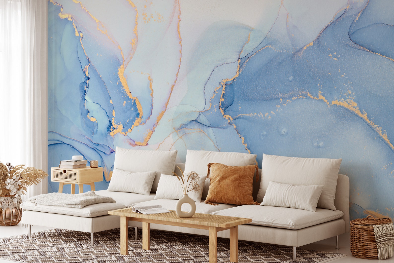 Baby Blue Ink Art Wallpaper Blue and Gold Wall Mural Peel | Etsy