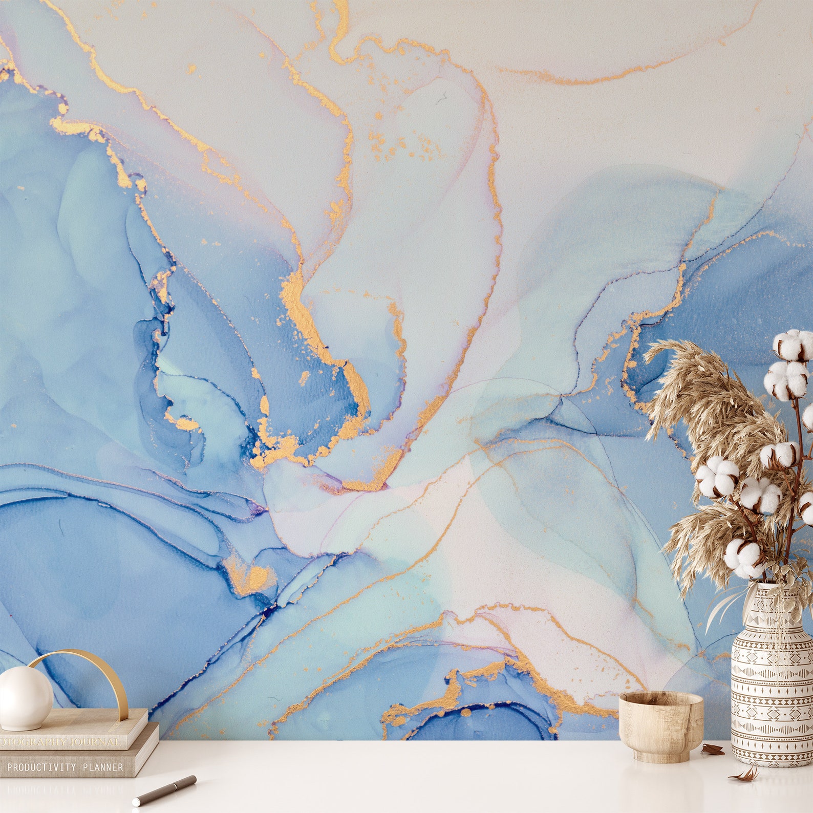 Baby Blue Ink Art Wallpaper Blue and Gold Wall Mural Peel | Etsy