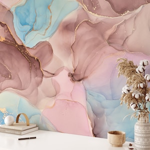Rose Gold and Blue Ink Art Wallpaper, Peel and Stick Removable ...