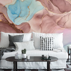 Rose Gold and Blue Ink Art Wallpaper, Peel and Stick Removable ...