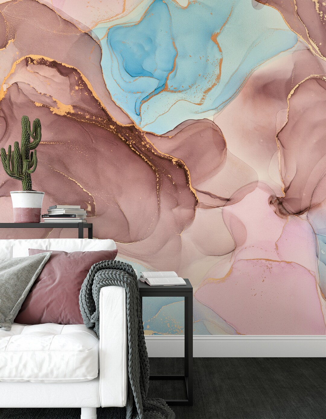 Rose Gold and Blue Ink Art Wallpaper, Peel and Stick Removable ...