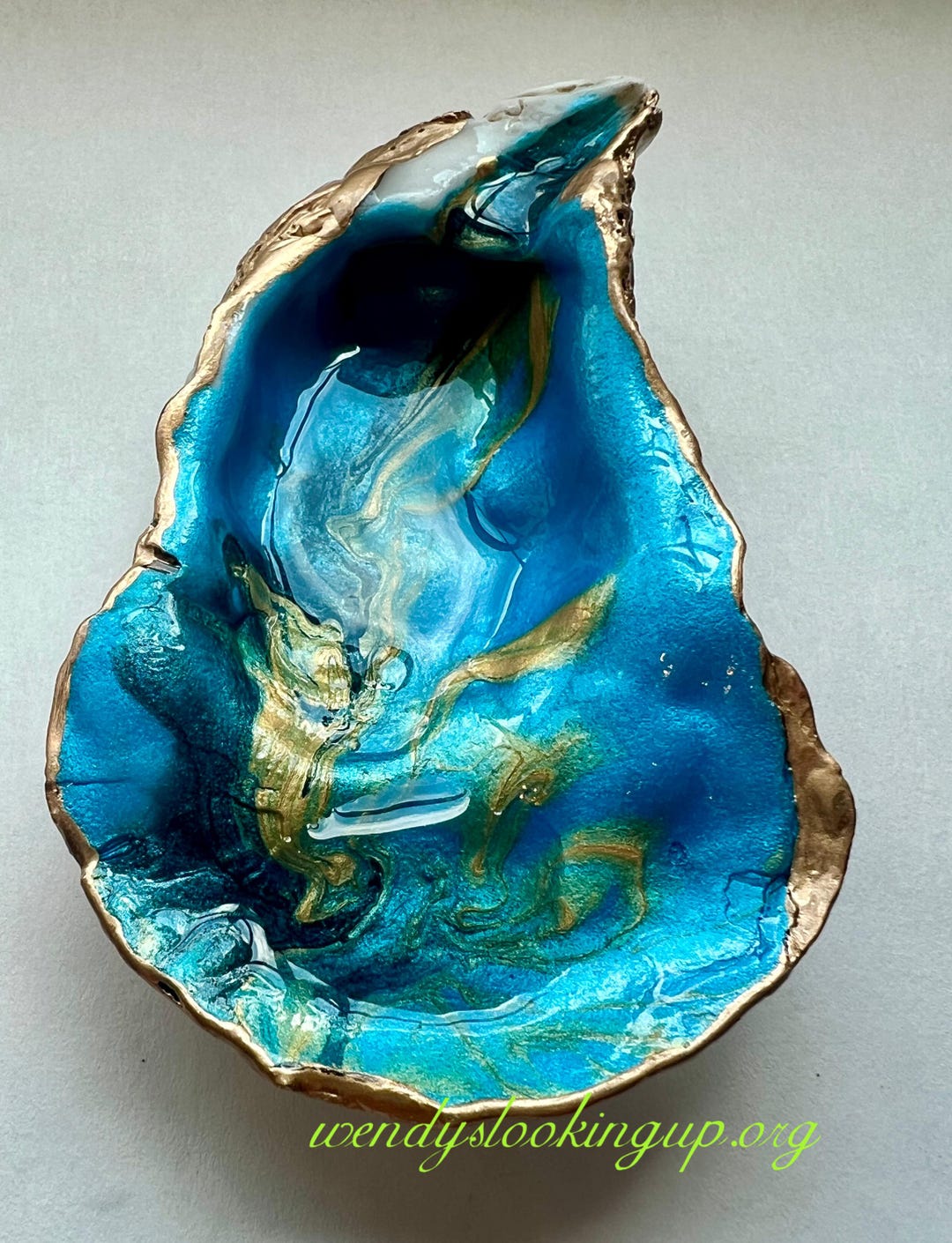 OOAK Turquoise Blue Oyster Shell Jewelry Trinket Dish Coastal Abstarct ...