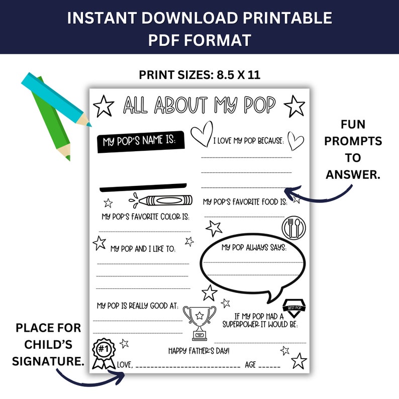 Father's Day Gift for Pop, All About My Pop Printable, Father's Day ...