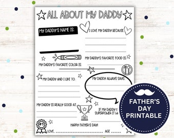 Printable Gift for Daddy, Father's Day Printable, All About My Daddy ...