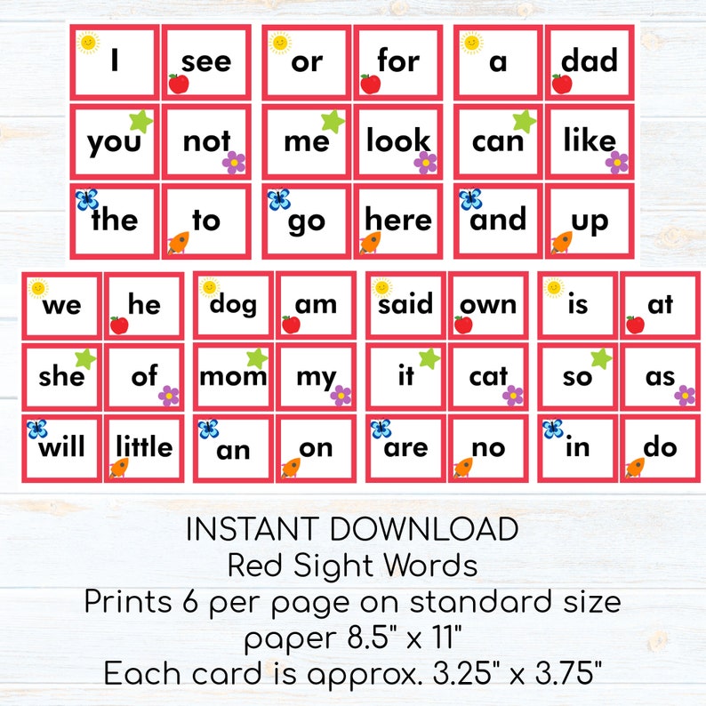 222 Kindergarten Sight Words Flash Cards: Learning Resource (PDF) - Etsy