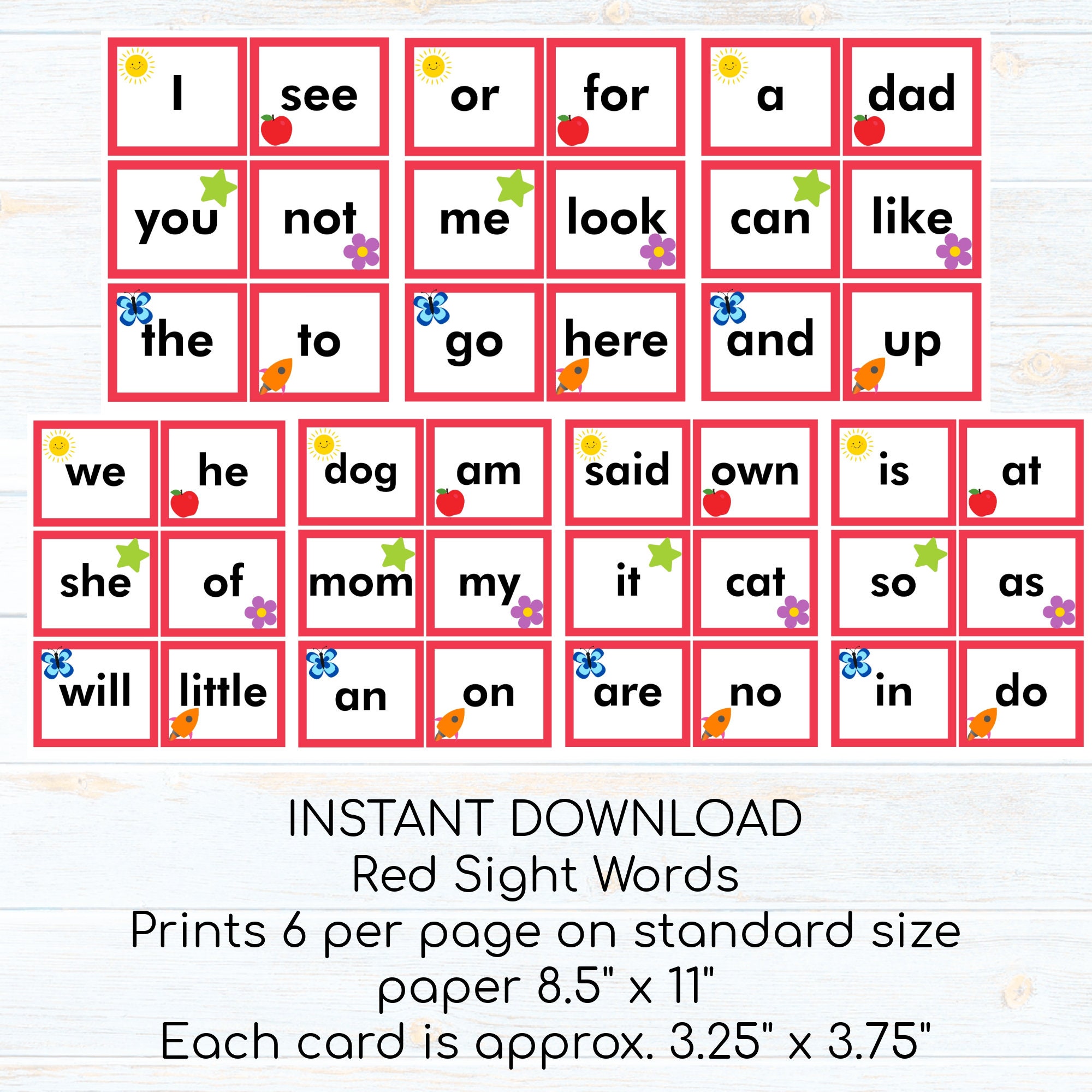 222 Kindergarten Sight Words Flash Cards: Learning Resource (PDF) - Etsy