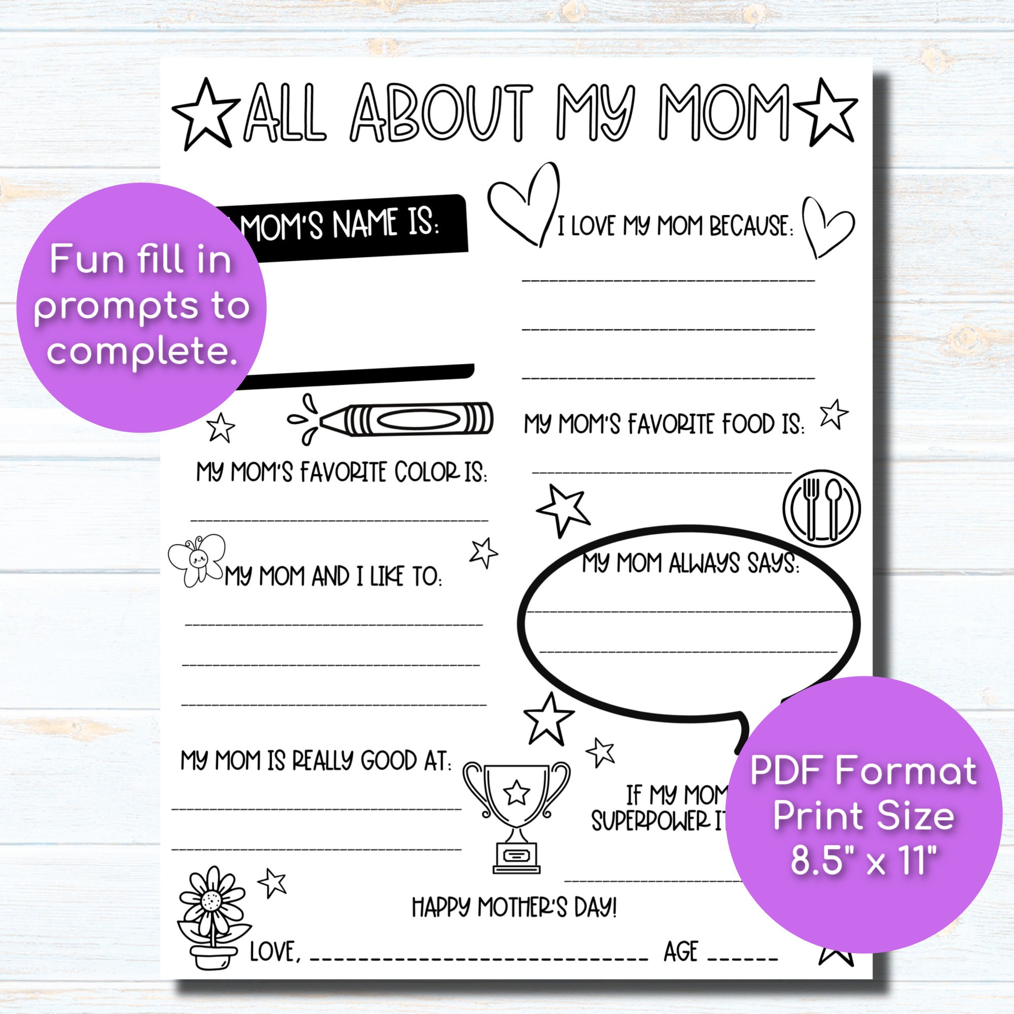 Printable Mother's Day Gift, All About My Mom, All About My Grandma ...