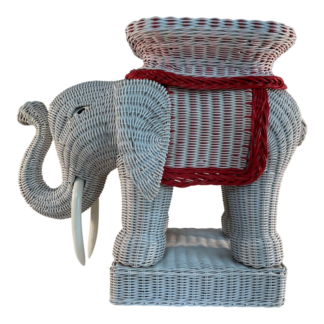White Wicker Elephant Garden Stool / Plant Stand With Red Trim - Etsy