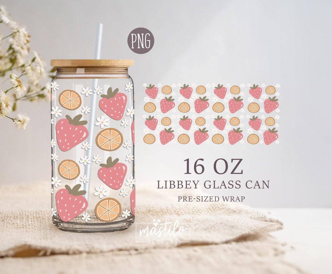 Summer Strawberry Glass Can Wrap Png, Strawberry Trendy Glass Can Cup ...