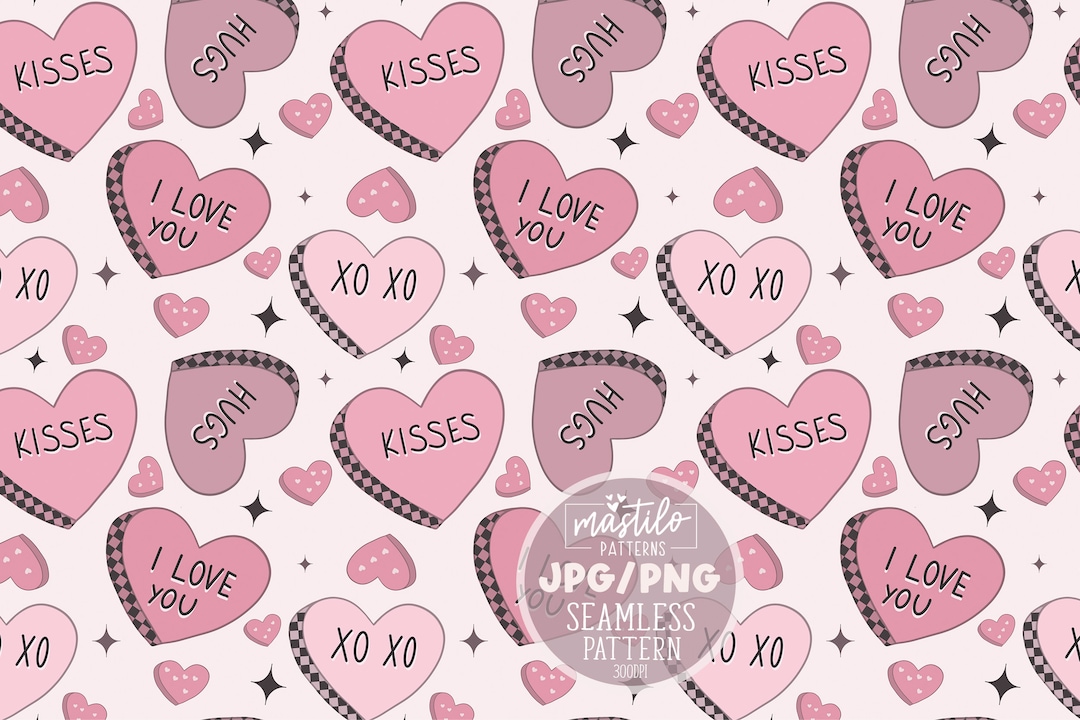 Conversation Hearts Seamless Pattern, Groovy Valentine Hearts Repeat ...