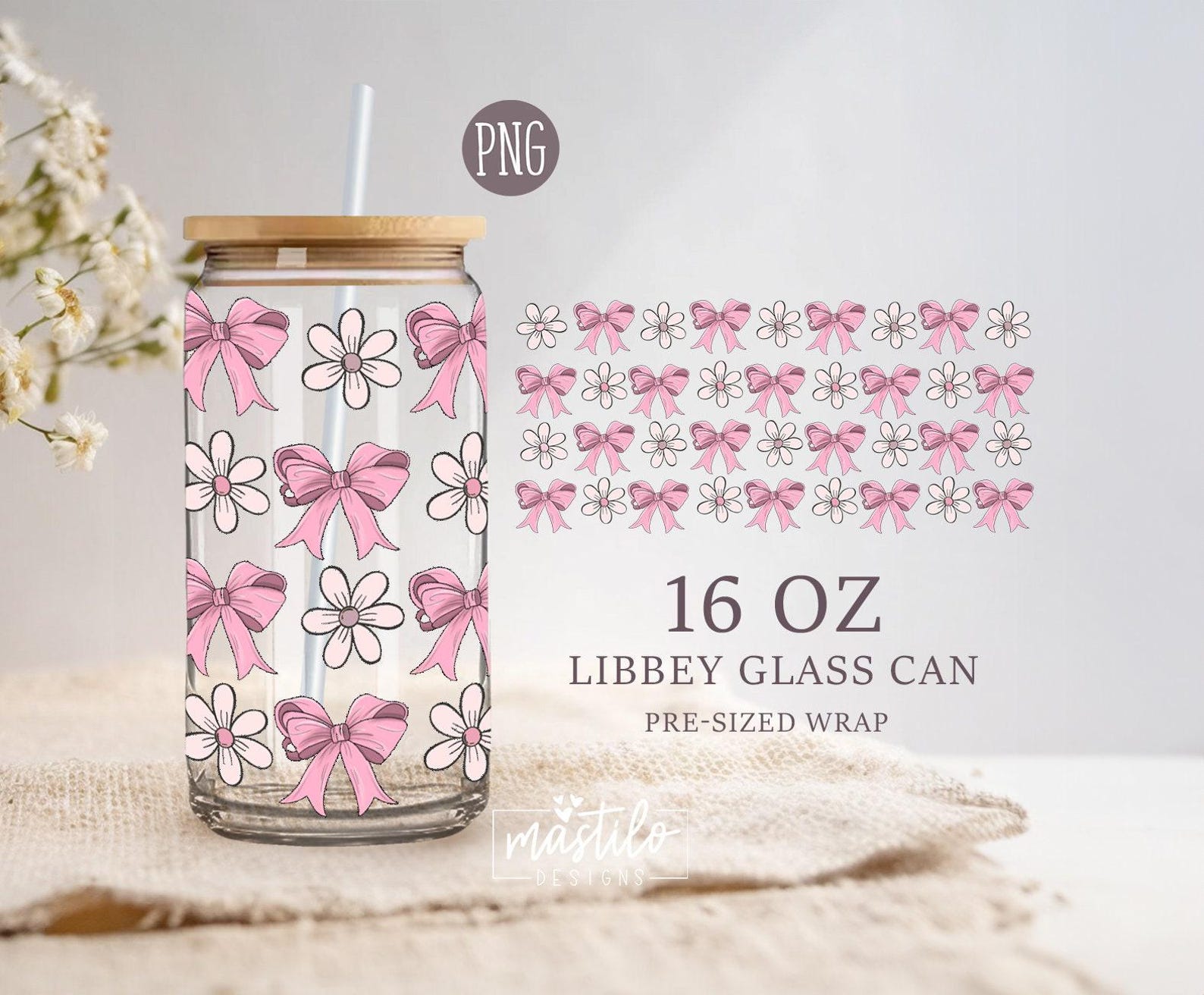 Floral Bows Cup Wrap, Coquette Glass Cup Wrap, 16 Glass Can Wrap, Glass ...