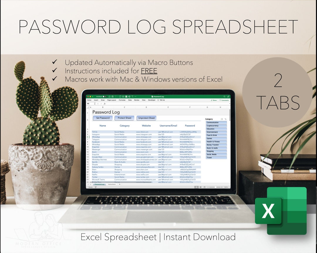 PASSWORD LOG SPREADSHEET | Password Login Excel Template | Dnd Notebook ...