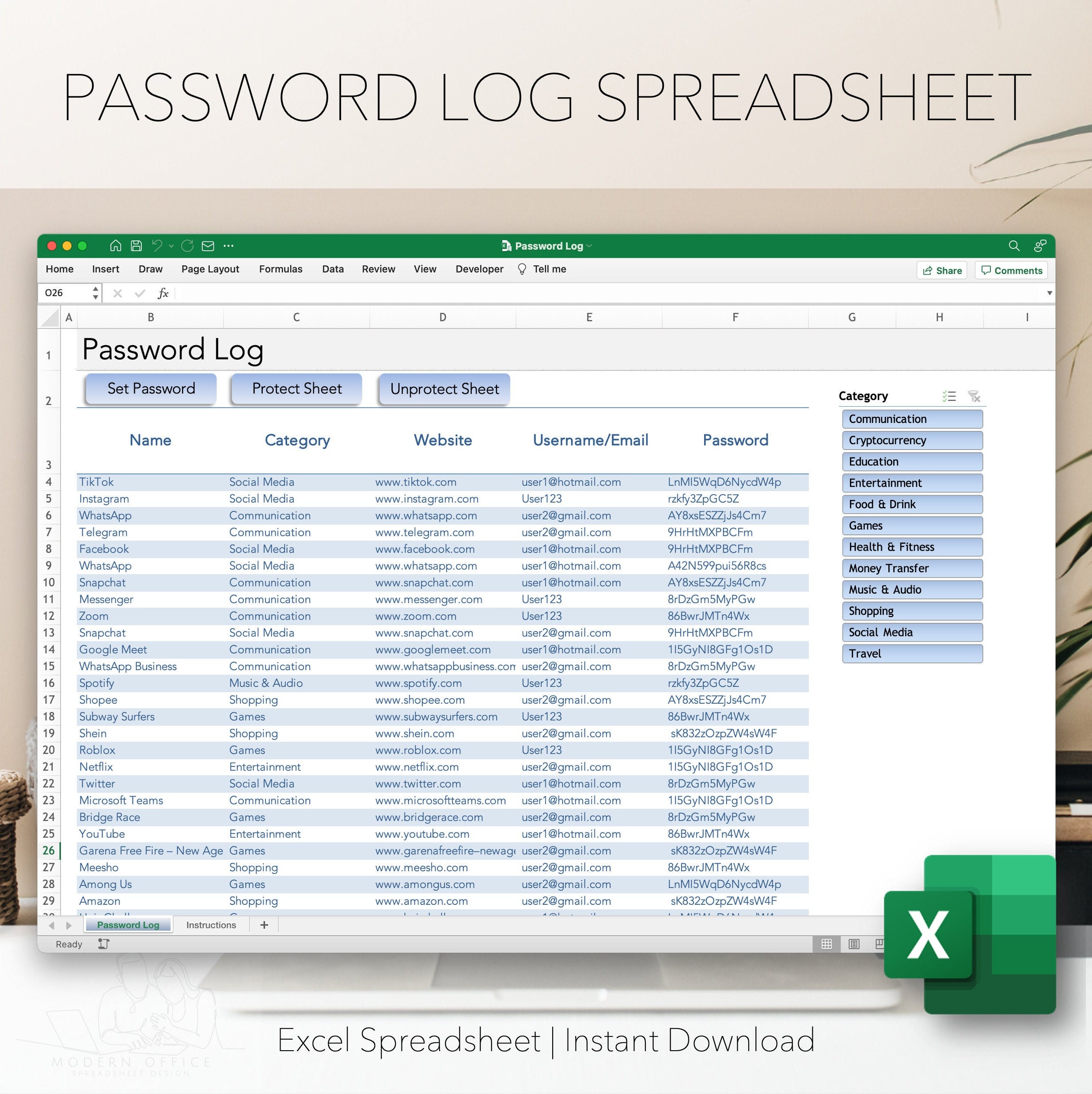 PASSWORD LOG SPREADSHEET | Password Login Excel Template | Dnd Notebook ...