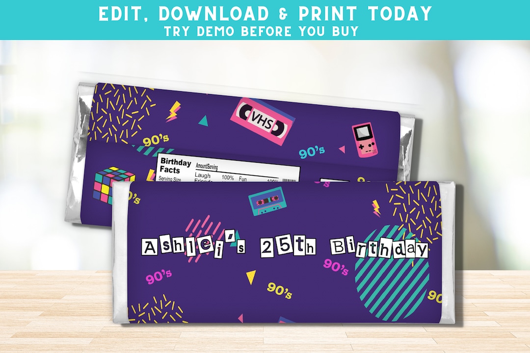 90s Birthday Chocolate Wrapper: Printable Party Favor (digital Download ...