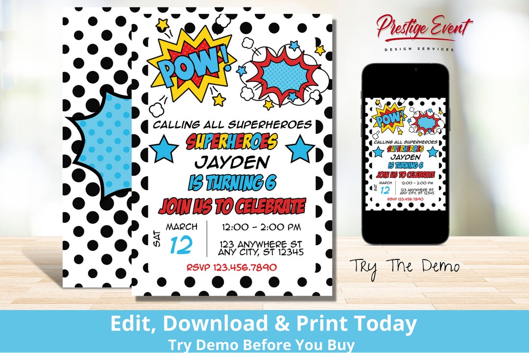 Superhero Invitation - Comic Book Theme - Superhero Birthday Invite ...