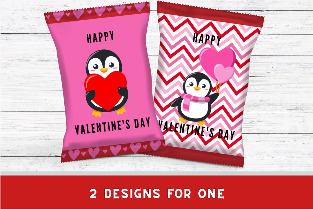 Penguin Valentine's Day Chip Bag - Snack Tag Wrapper Label - Red & Pink ...