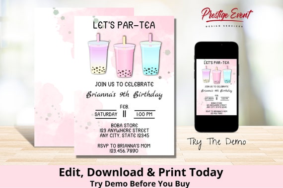 Boba Tea Invitation - Bubble Tea Birthday - Milk Tea Party - Bobo ...