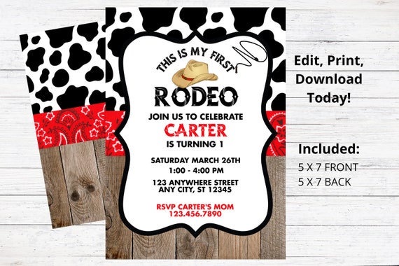 Cowboy Birthday Invitation - Personalized My First Rodeo Boy Birthday ...