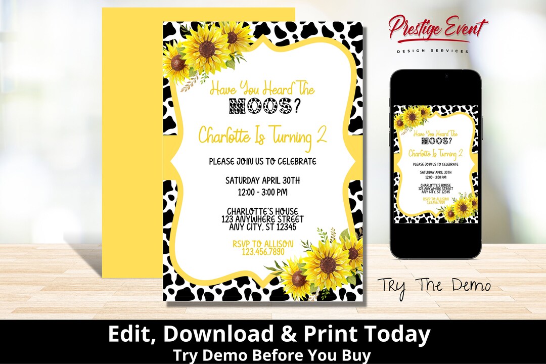 Cowprint Sunflower Invitation - Rustic Sunflower Theme - Country ...