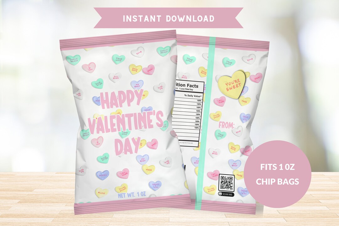 Candy Hearts Chip Bag - Happy Valentine's Day Bag - Valentine's Wrapper ...
