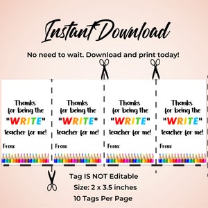 Teacher Appreciation Gift Tag, Write Teacher for Me Tag, End of Year ...