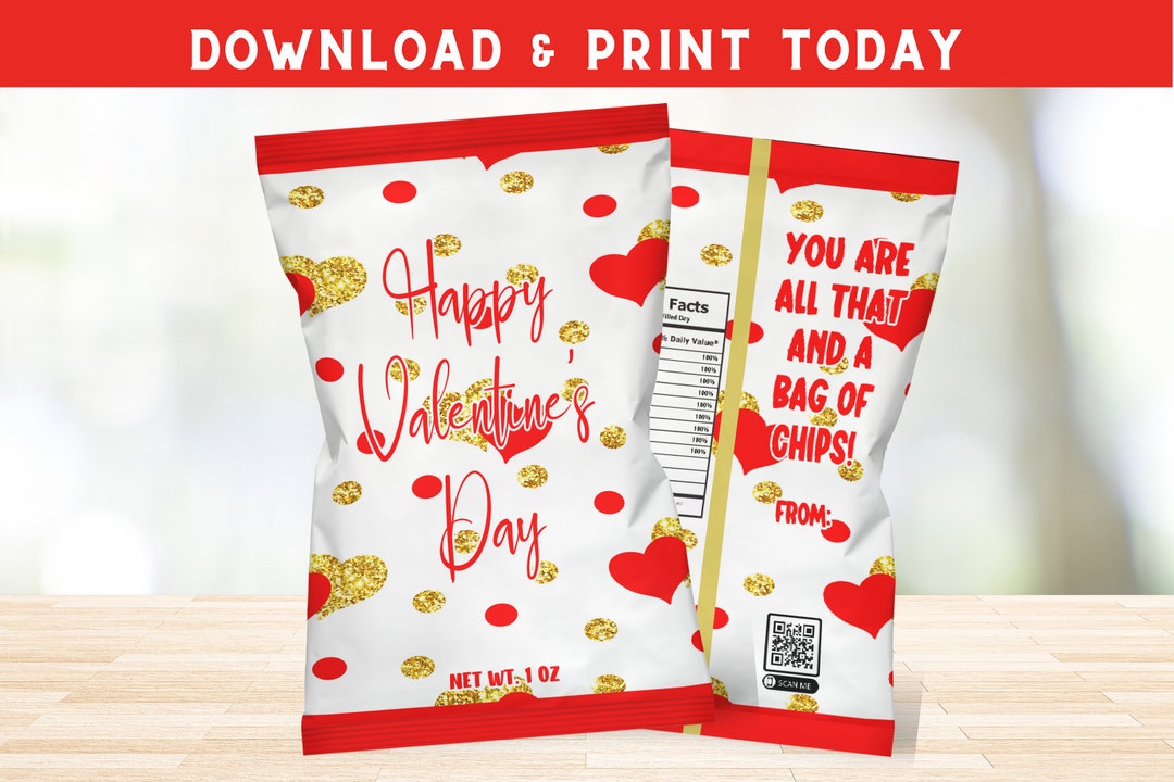 Valentine's Day Chip Bag - Snack Tag Wrapper Label - Red & Gold Heart ...