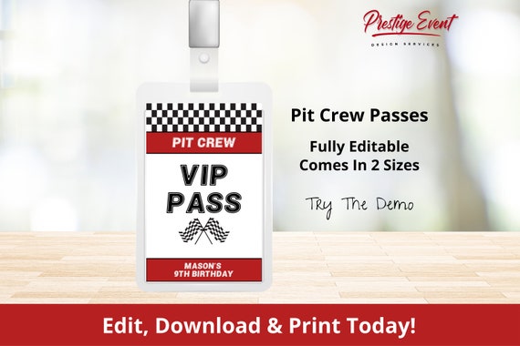 Racing Pit Crew Passes - Race Car Party VIP Pass - Race Car Party ...