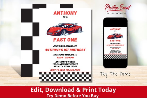 Fast One Birthday Invitation - Race Car Birthday - Racing Invite - Fast ...