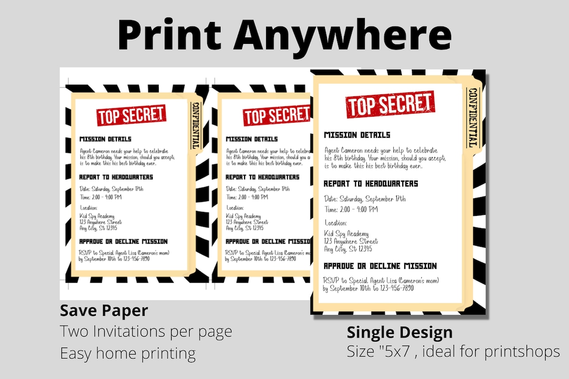 Secret Agent Invitation Spy Party Invite Top Secret - Etsy