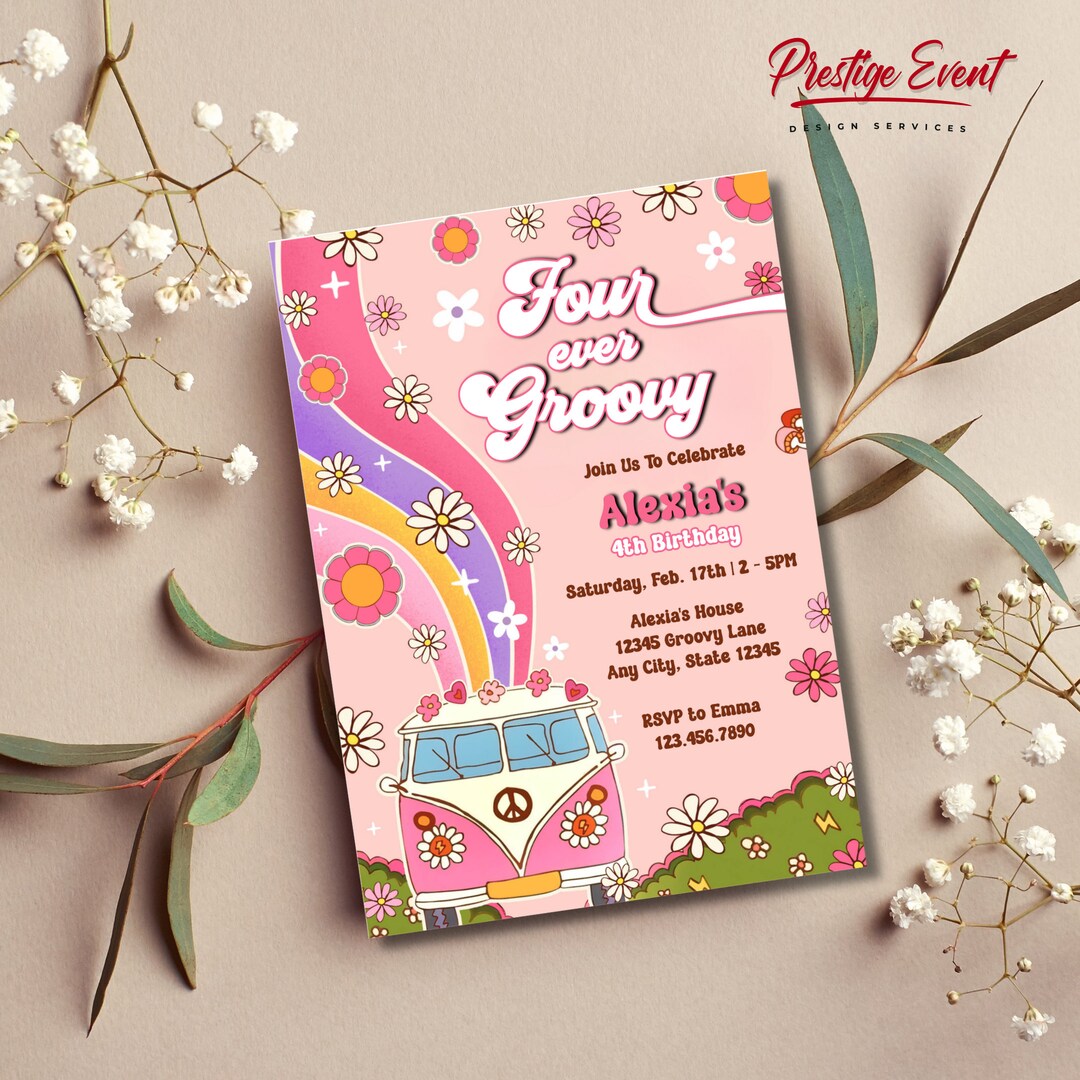 Retro 4th Birthday Invitation, Fourever Groovy Party, Boho Daisy Theme ...