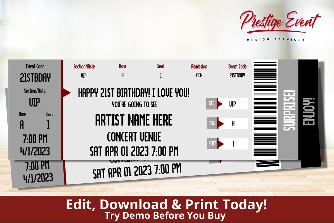 Concert Ticket Template - Concert Gift Certificate - Custom Event ...