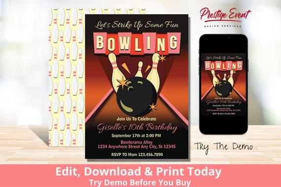 Bowling Invitation - Retro Bowling Party Girl Invite - Strike Up Some ...