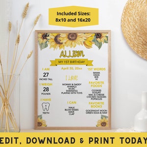 Sunflower Milestone Poster Sunflower Party 1st Birthday Poster Birthday ...