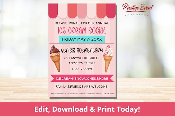 Ice Cream Social Flyer - PTO Fundraiser - Ice Cream Social Invitation ...