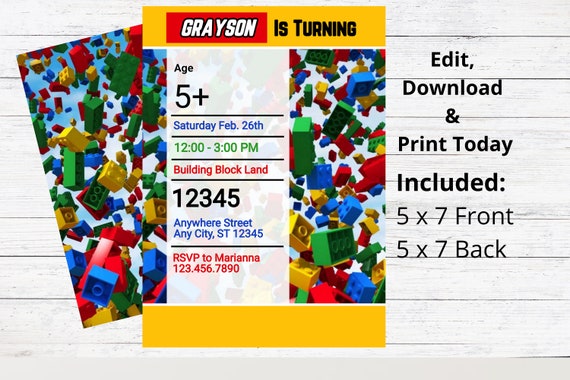 Block Invitation Building Brick Party Colorful Bricks - Etsy