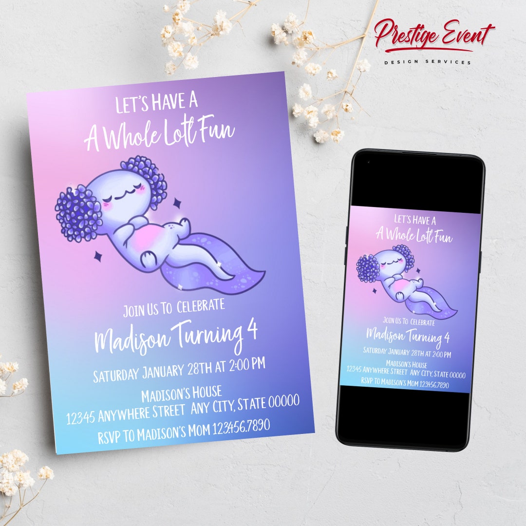 Axolotl Birthday Invitation - Axolotl Party - Purple Axolotl Invite ...
